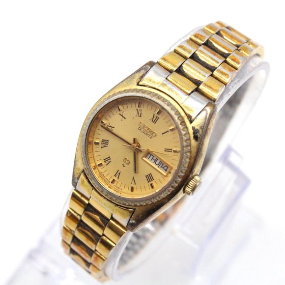 Seiko | Accessories | Vintage Seiko Sq Watch Womens Gold Tone Stainless Steel Gold Dial Date 8s ...